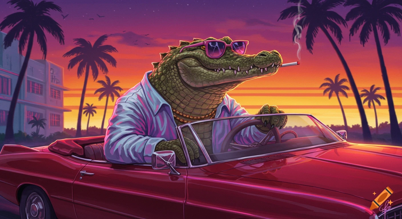 A cool alligator in sunglasses drives a red convertible, smoking a ...