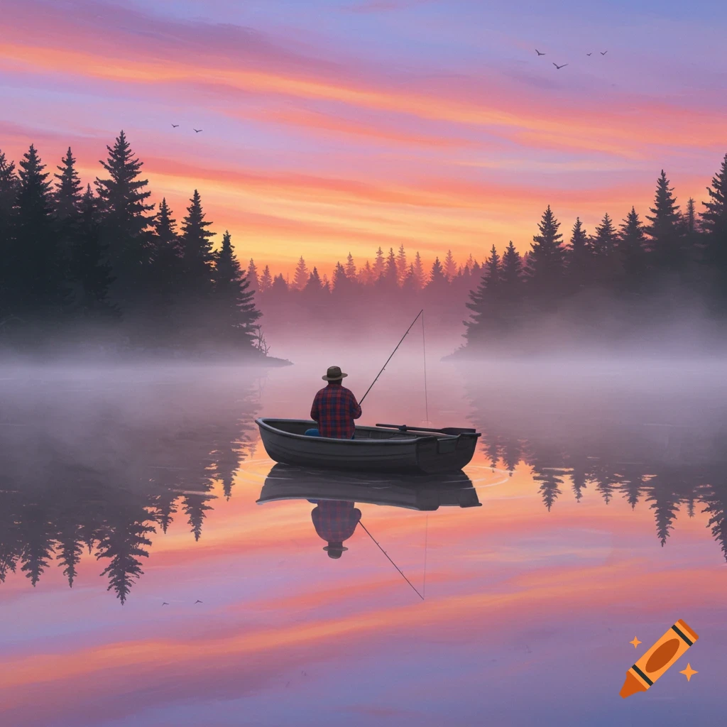Illustrated man fishing in a boat on a misty lake at sunset, surrounded ...