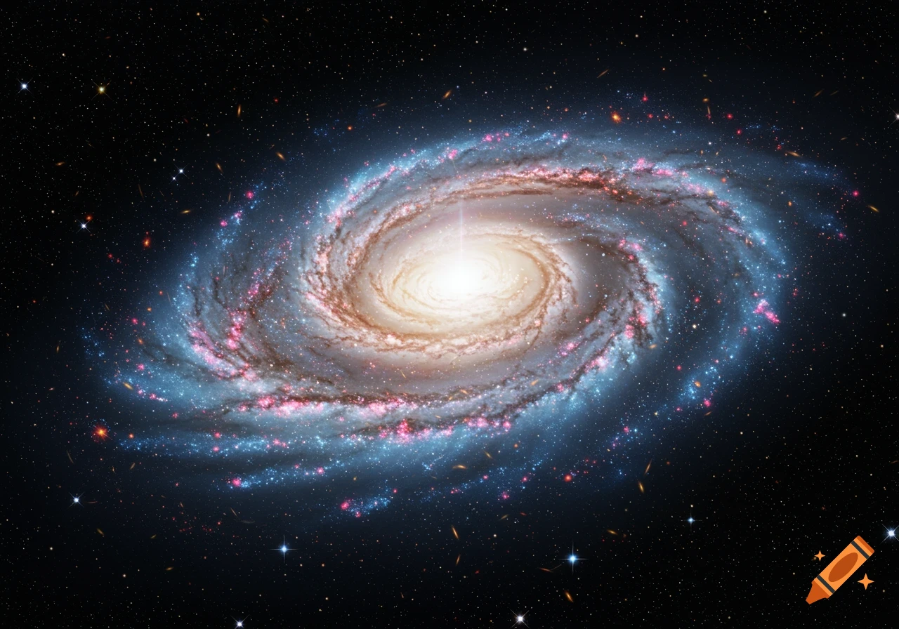 A vibrant spiral galaxy with a bright, glowing core, swirling blue and ...