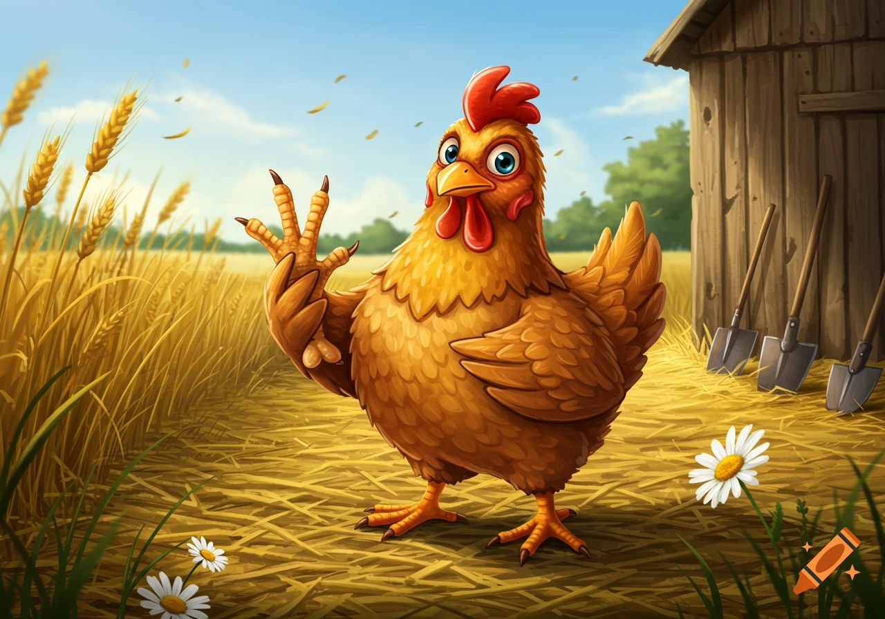 A cartoon chicken with blue eyes stands in a wheat field, holding up ...
