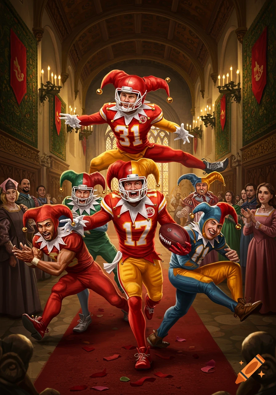 A cartoon man in a blue football jersey with the number 7 sits on a ...