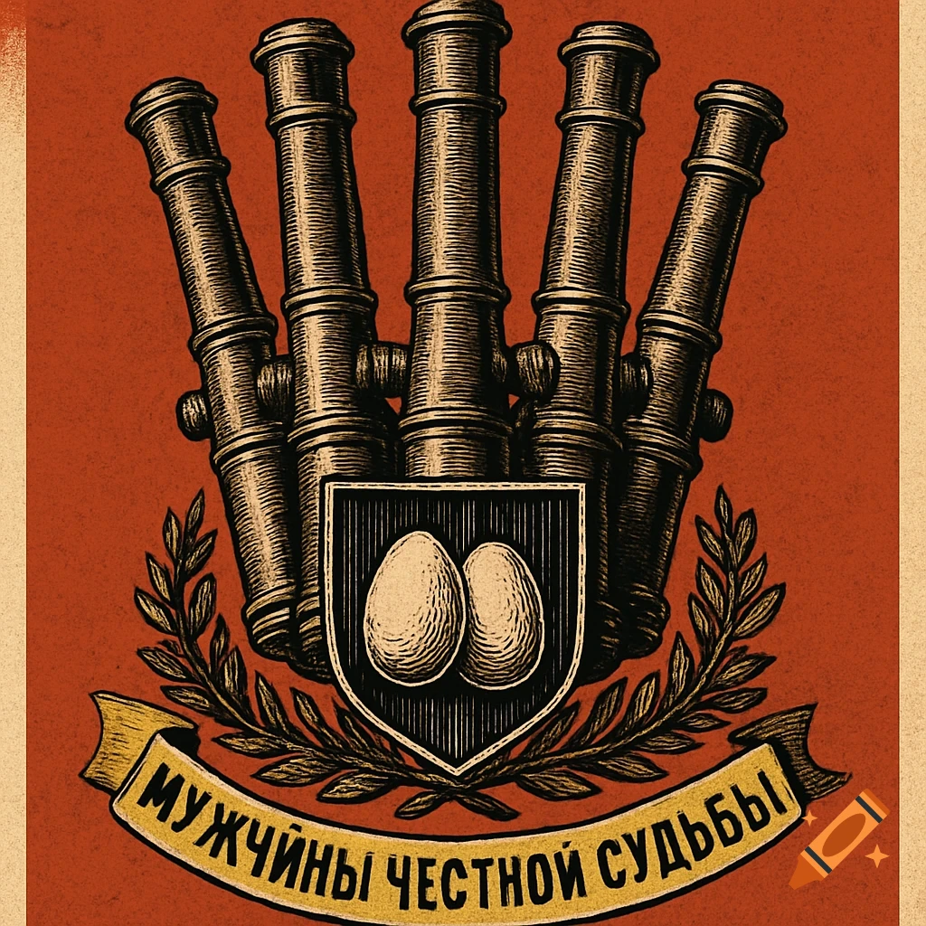 A satirical Soviet-style poster with five cannon barrels and two eggs ...