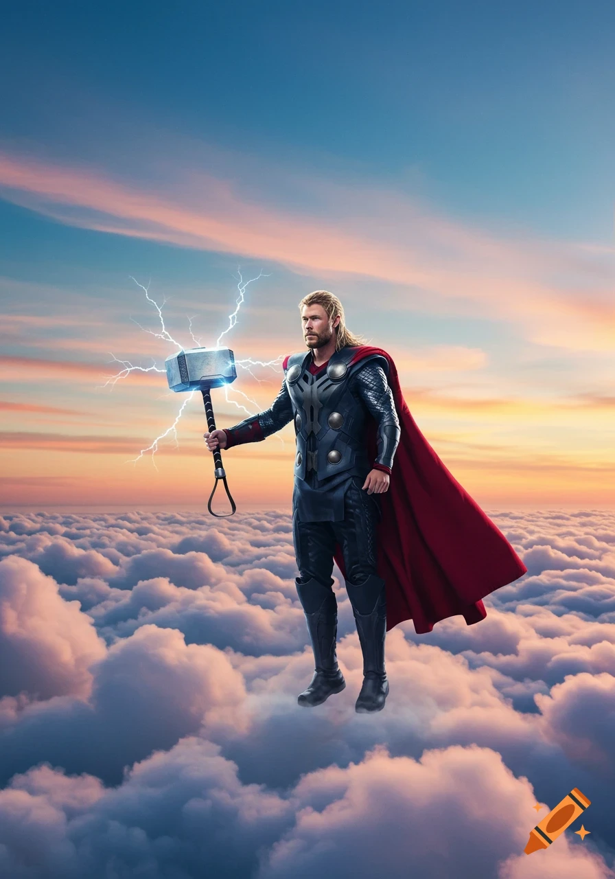Thor, a superhero with a red cape, floats above a sea of clouds at ...
