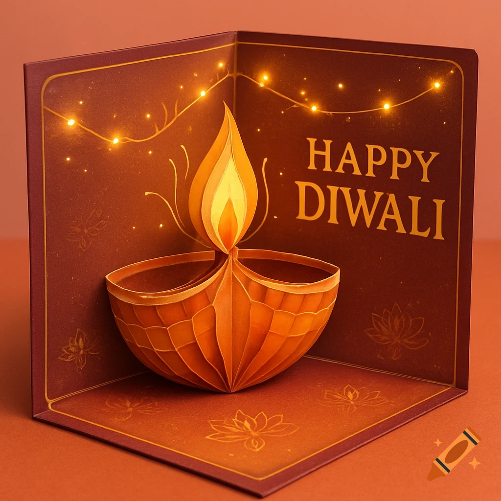 A detailed paper pop-up Diwali greeting card with a central diya ...