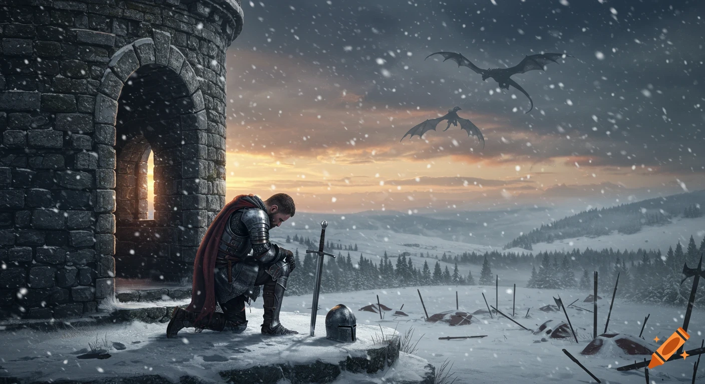 A lone medieval knight kneels in snow by a stone tower at dusk, sword ...