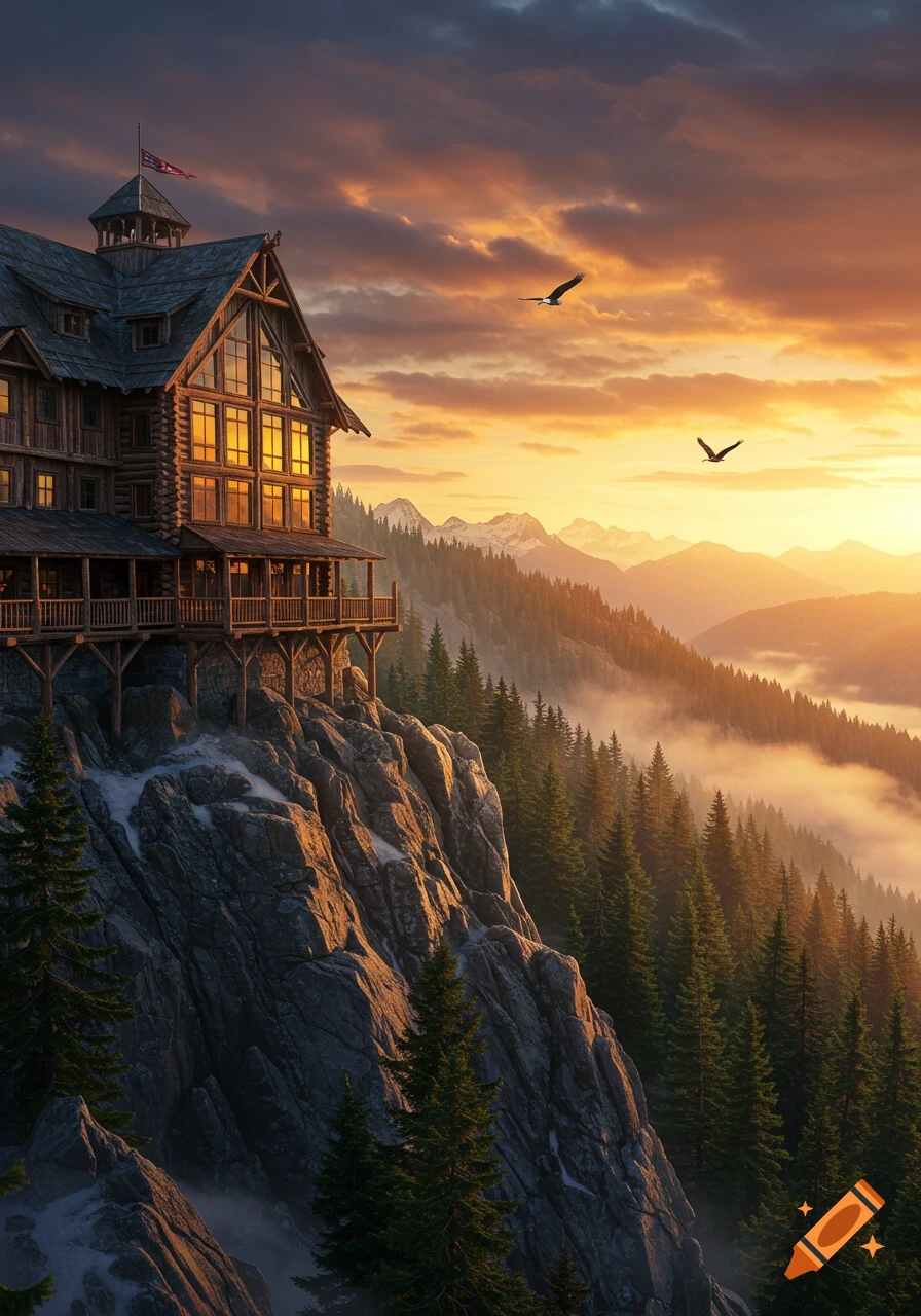 Photorealistic log cabin hotel on a mountain cliff overlooking a misty ...