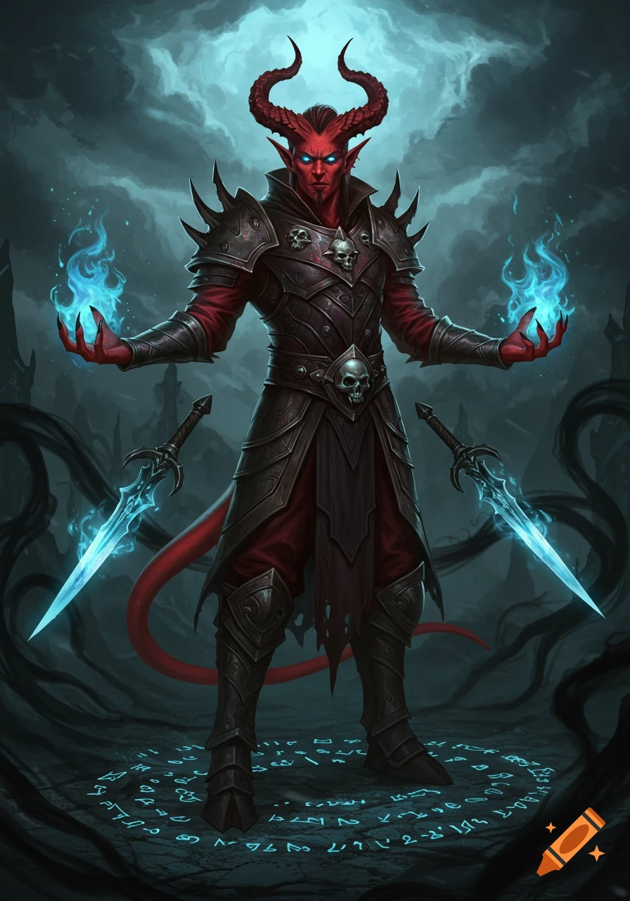 A powerful red-skinned Tiefling necromancer in dark armor casts blue ...