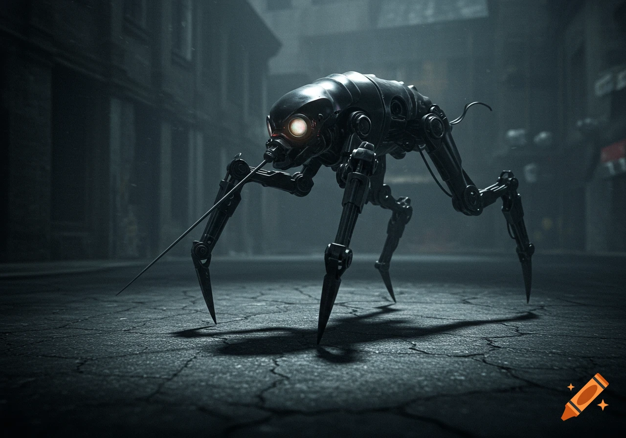 A metallic spider-like robot stands on cobblestone pavement in a sunlit ...