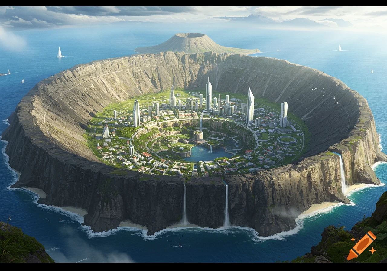 Aerial view of a futuristic city with modern skyscrapers and green ...