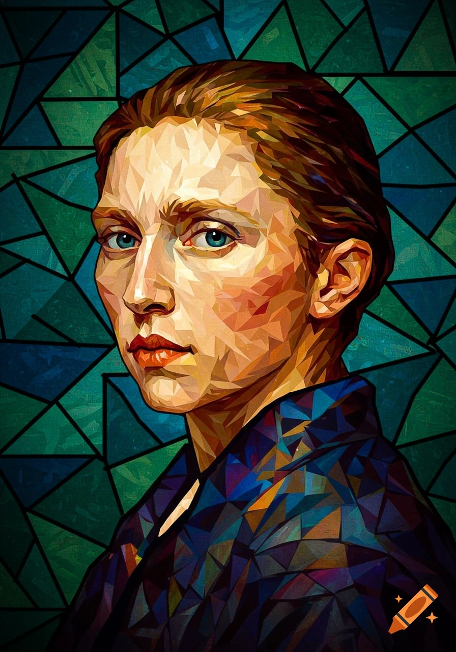 A geometric portrait of a woman's face rendered in a stained glass ...