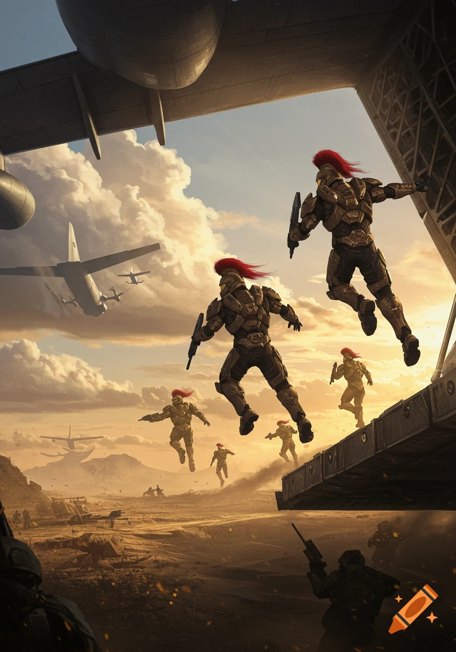 Armored Spartans jump from a large military transport plane into a ...