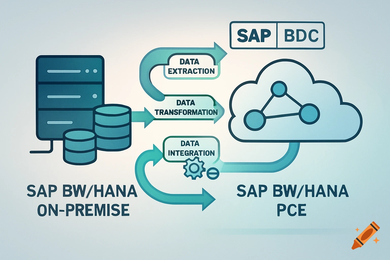 A blue and white flow diagram illustrating data migration from SAP BW ...