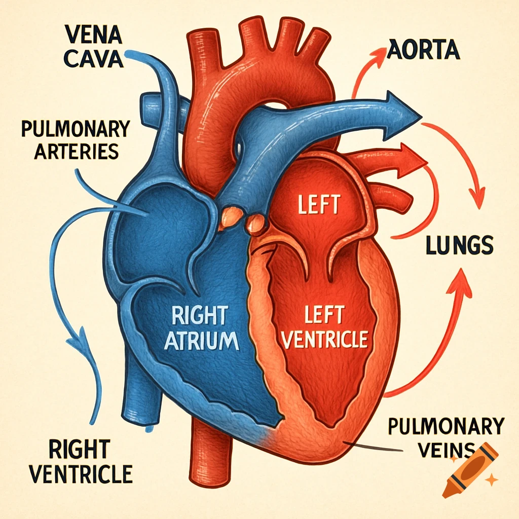 A detailed, labeled diagram of the human heart showing chambers, major ...