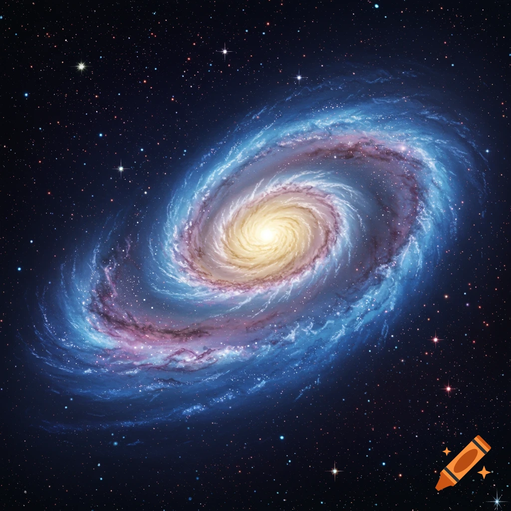 A vibrant spiral galaxy with a bright yellow core and blue and pink ...