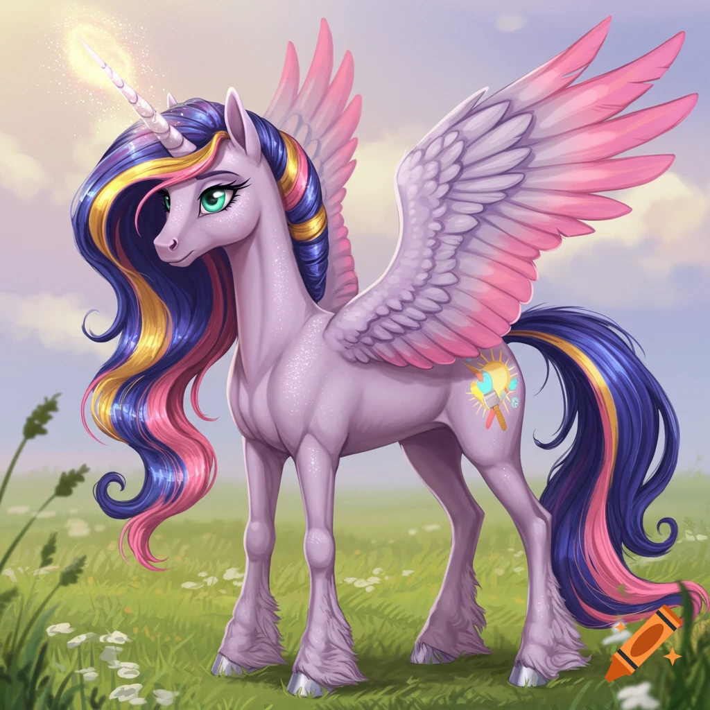 A majestic lavender unicorn-pegasus with flowing rainbow mane and tail ...