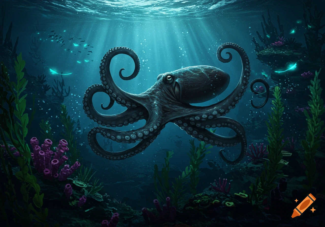 A large manta ray with glowing tendrils swims in a deep blue ocean ...