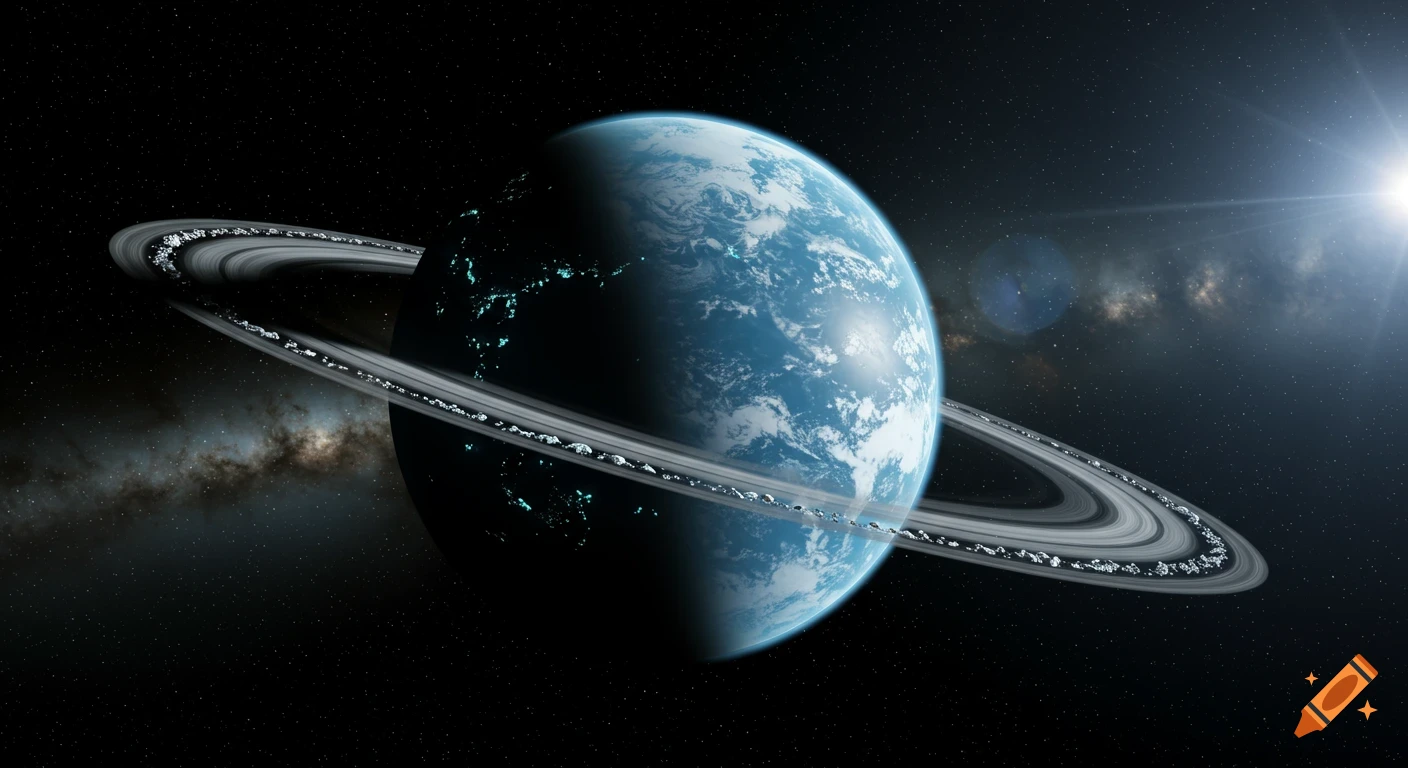 A photorealistic view of a blue and green planet in space, with a small ...