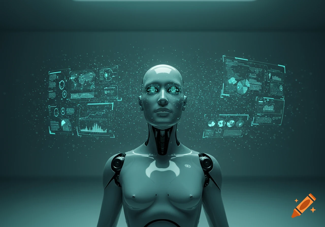 A pink robot with glowing eyes surrounded by holographic data screens ...