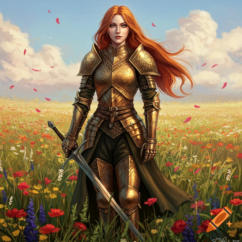 A red-haired female warrior in ornate gold armor stands in a field of ...