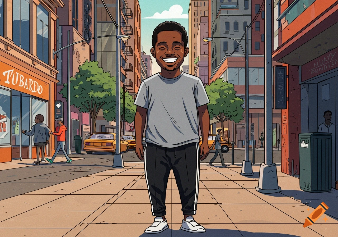 Cartoon of a short, bearded man in a black shirt and grey pants leaning ...