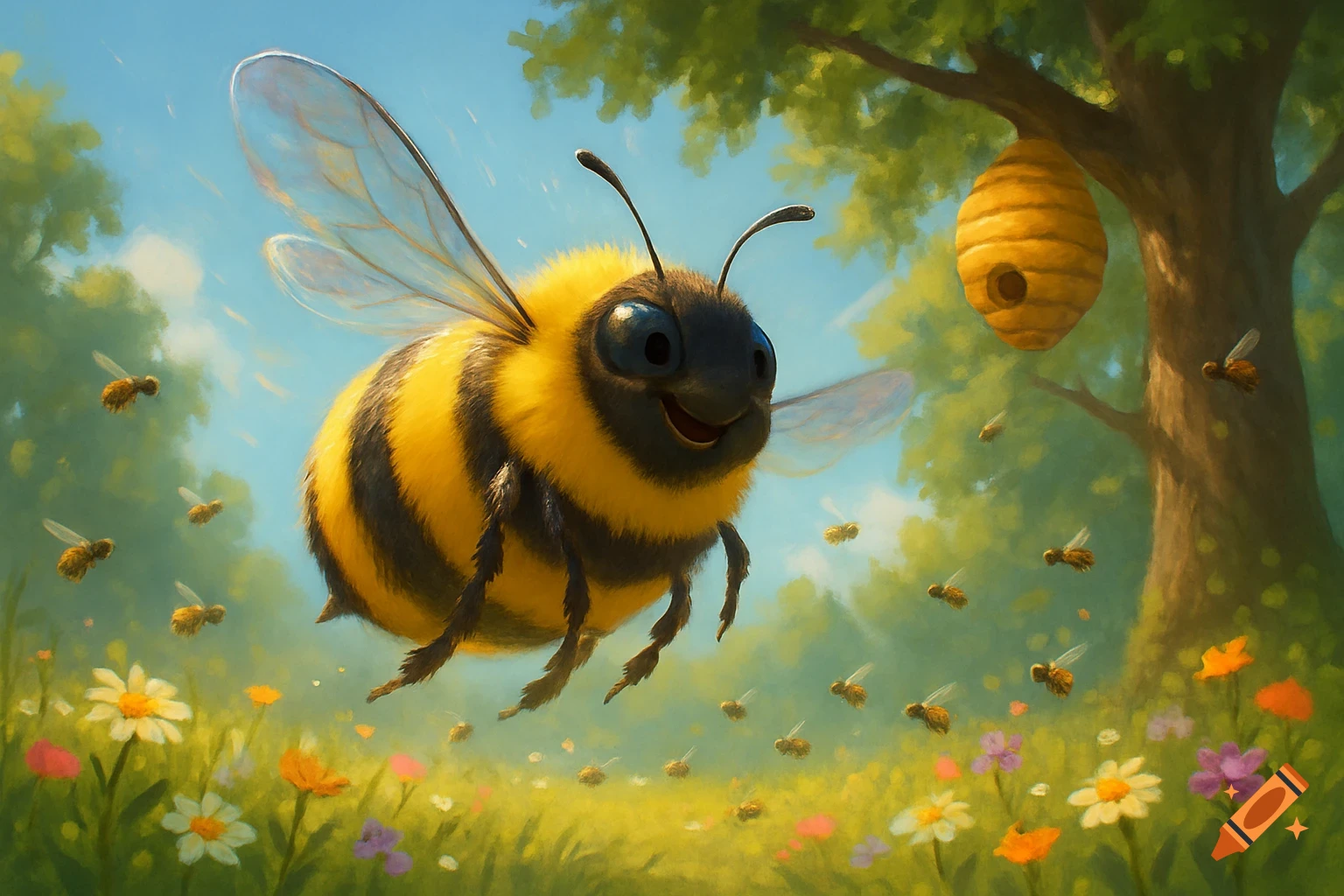 Cute cartoon bee in a Santa hat holding a gift box, with snowflakes ...