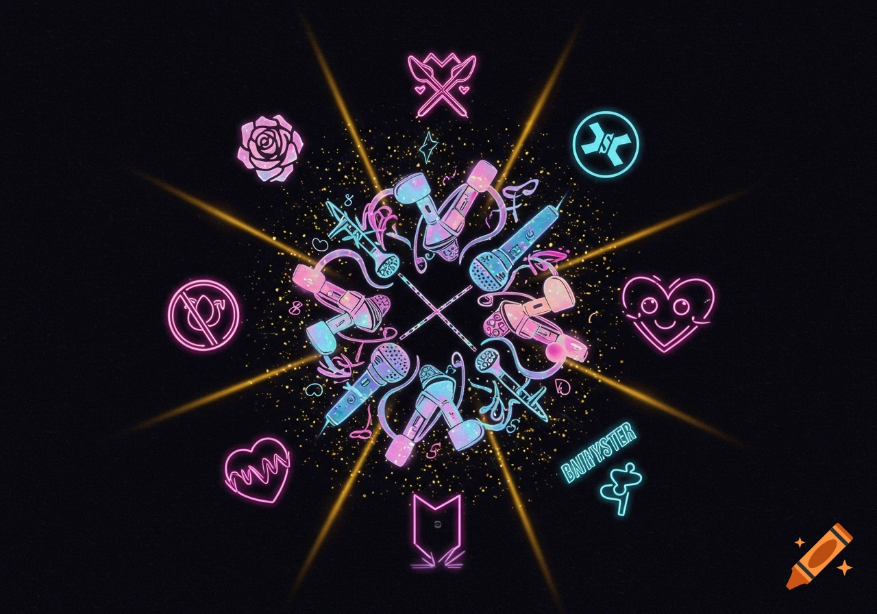 Neon-lit microphones and K-pop symbols arranged in a circle on a black ...