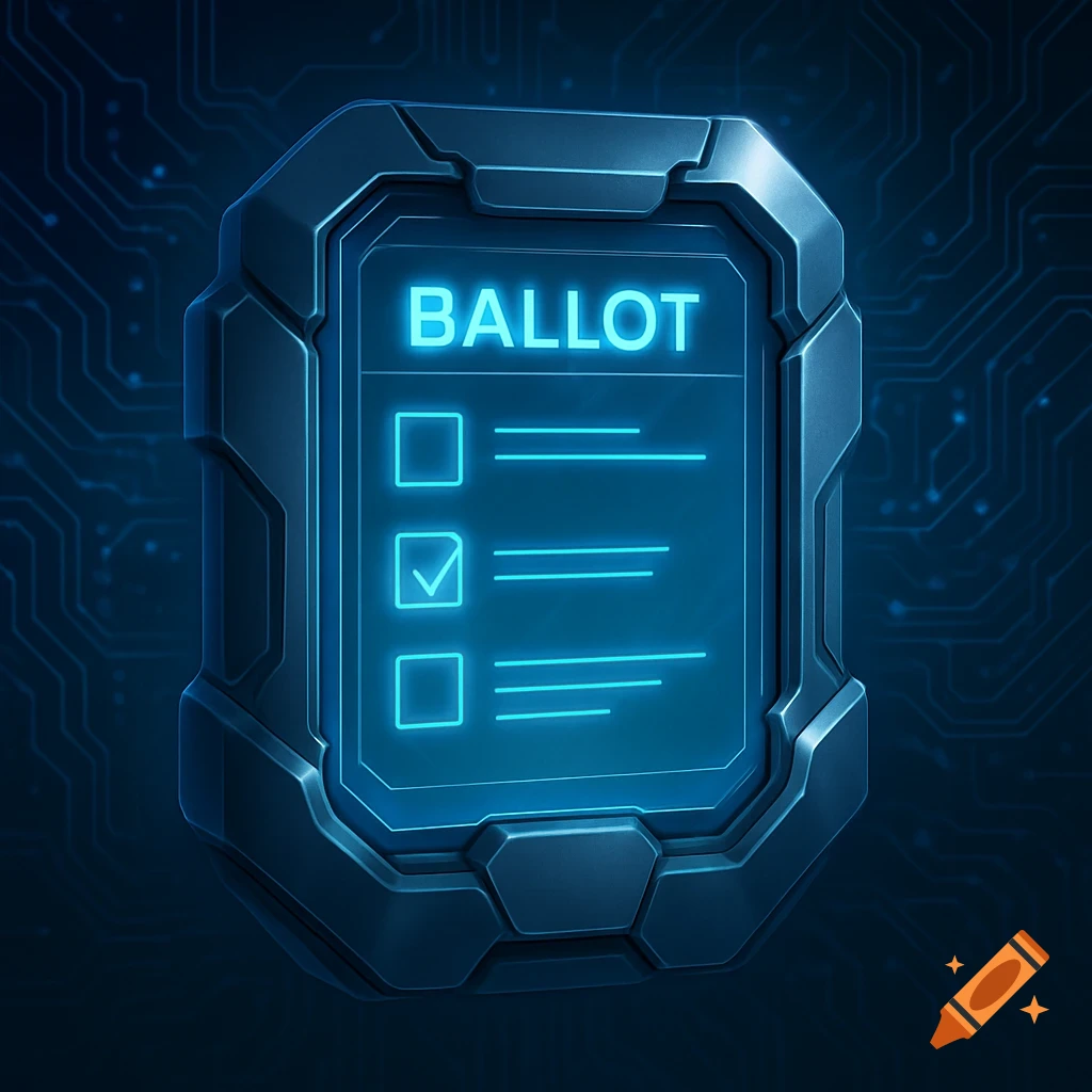 A glowing blue futuristic digital ballot icon on a circuit board ...