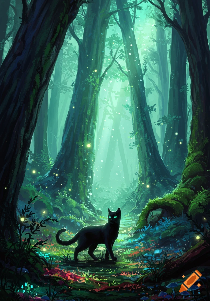 A sleek black cat with glowing green eyes stands in a luminous, verdant ...
