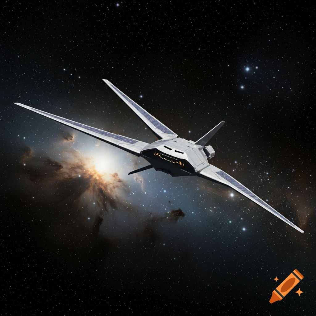 A sleek, futuristic grey space fighter ship flies above Earth's clouds ...