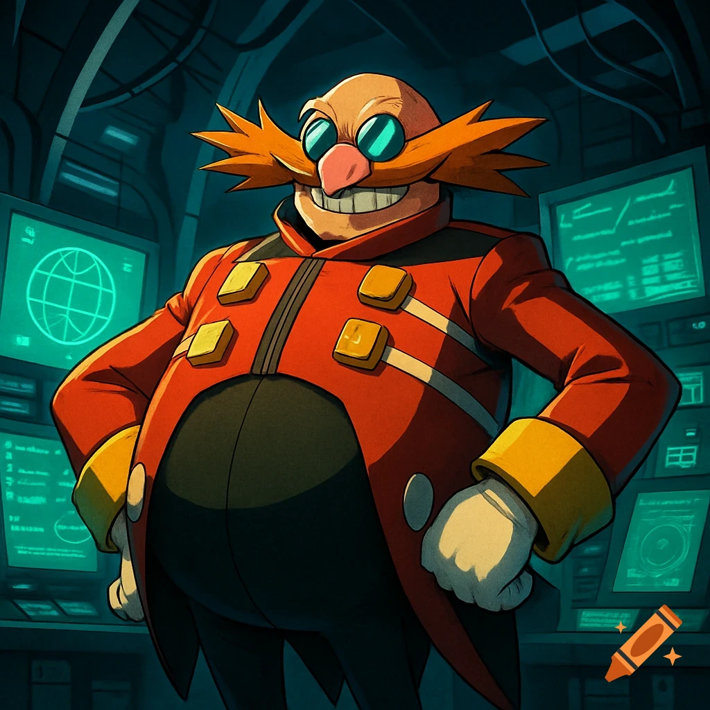 A cartoon Dr. Eggman grins mischievously, hands on hips, in a dark ...
