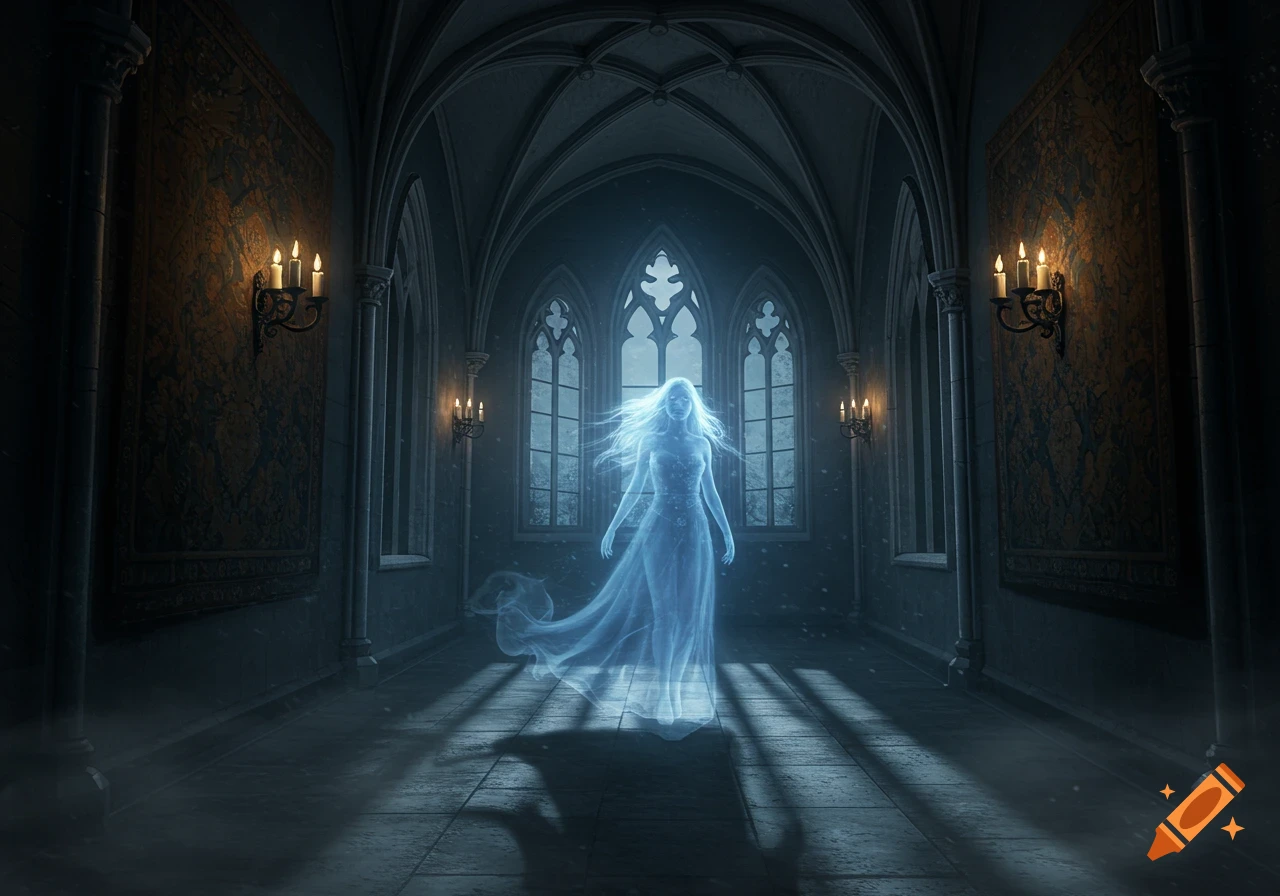 A glowing, ethereal ghost floats above a candlelit dining table laden ...