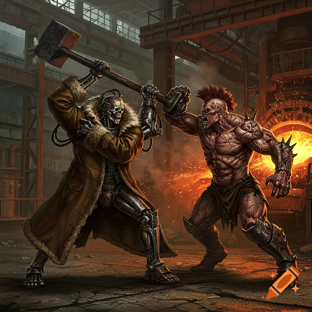 A skeletal cyborg battles a muscular mutant with a mohawk in a gritty ...