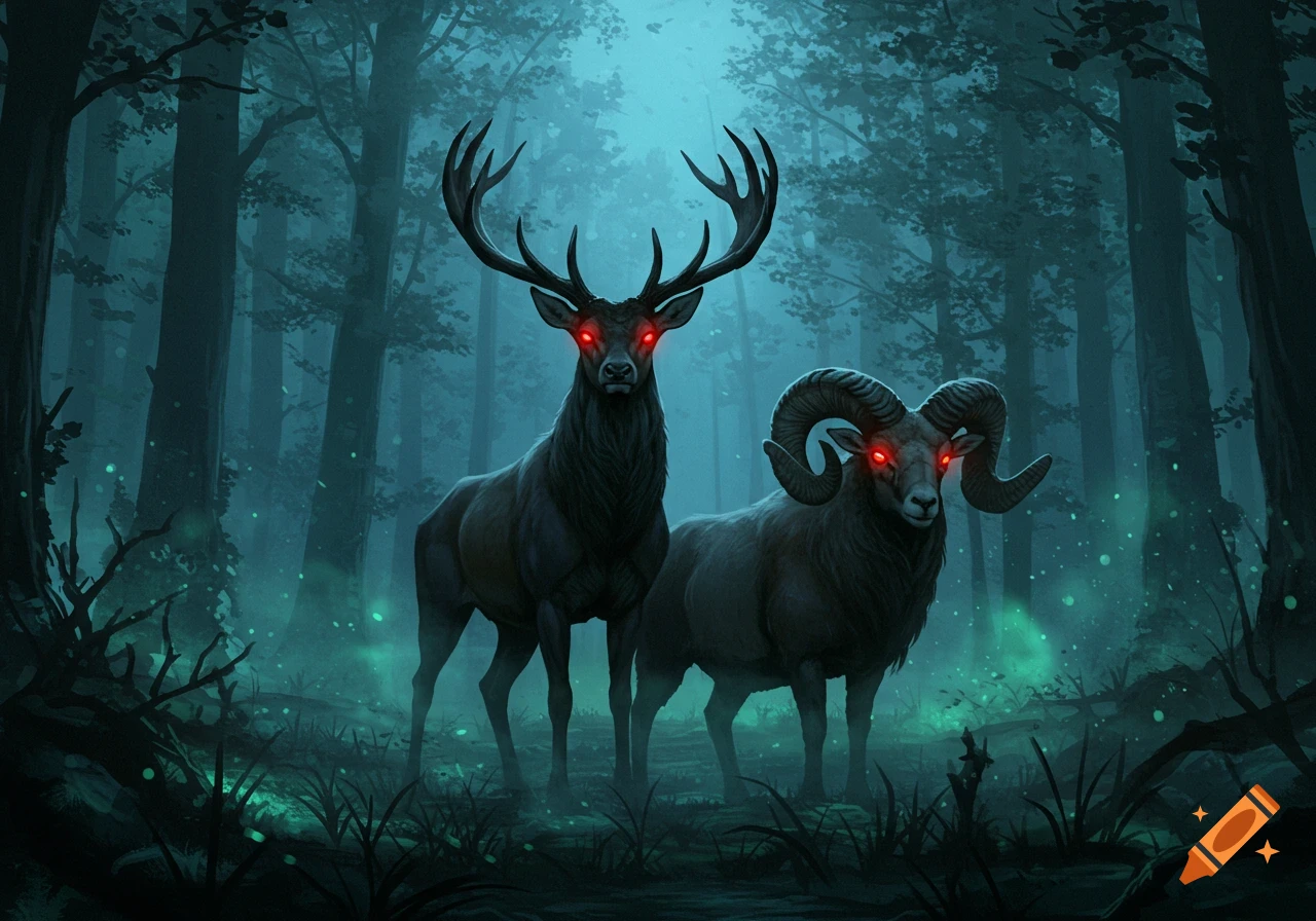 A majestic dark stag and ram with glowing red eyes stand in a mystical ...