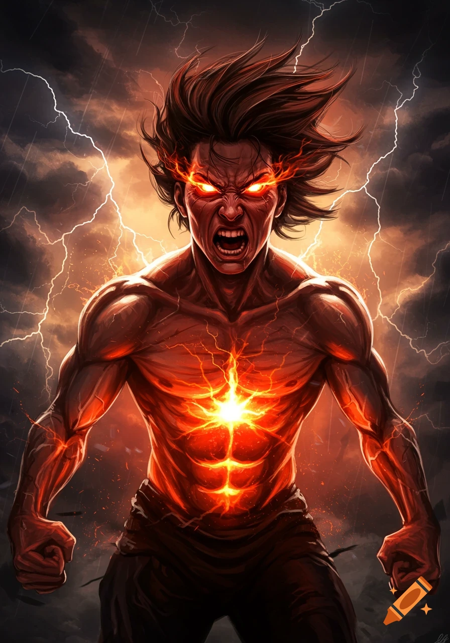 Muscular man with fiery hair and glowing red eyes in a volcanic ...