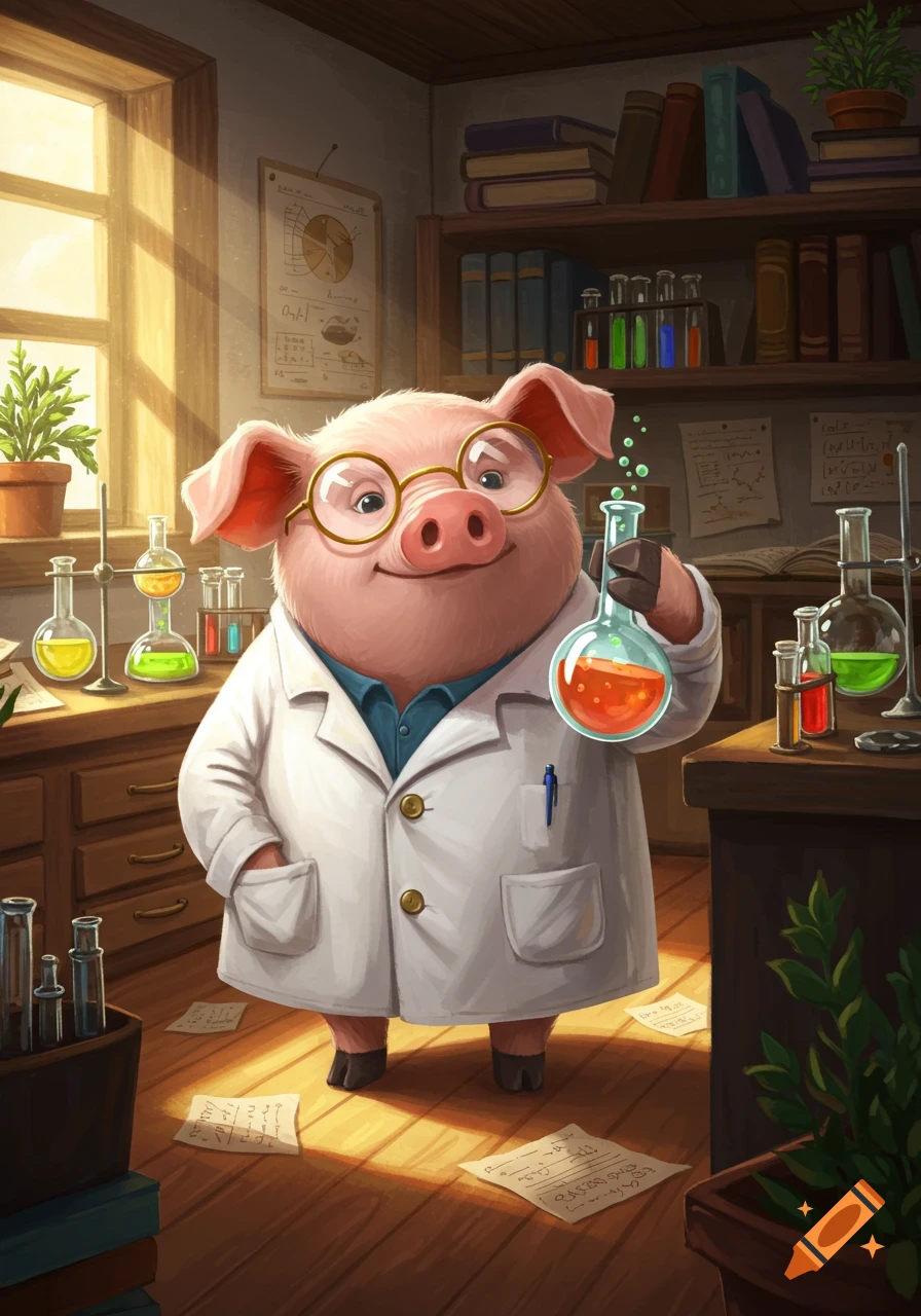 A cartoon pig wearing a lab coat and glasses holds a flask with orange liquid in a sunlit ...