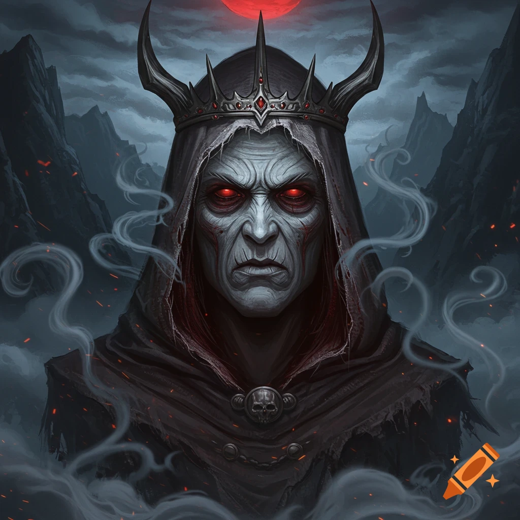 A menacing, gaunt figure in a black hood and horned crown with glowing red eyes, against a dark ...