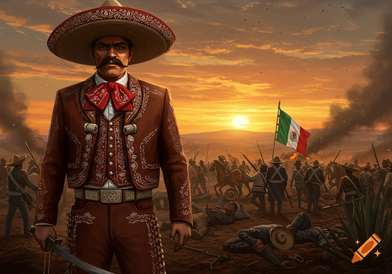 A stern man in a sombrero and ornate charro suit holds a sword ...
