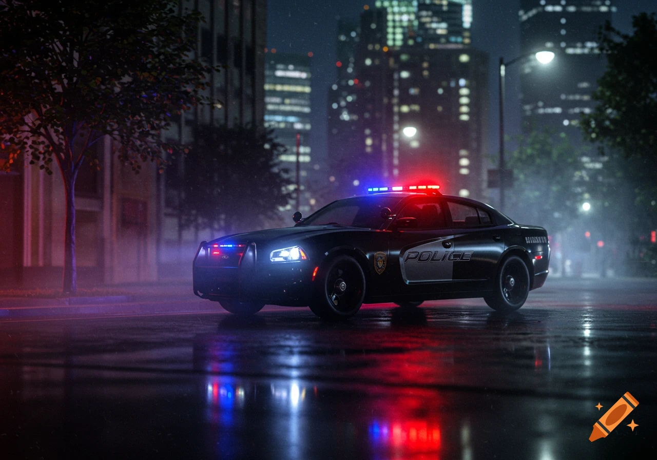 A photorealistic police car with flashing lights on a wet city street ...