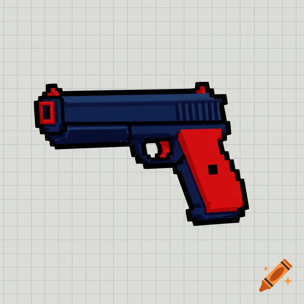 An 8-bit pixel art handgun in blue and red on a light grid background ...