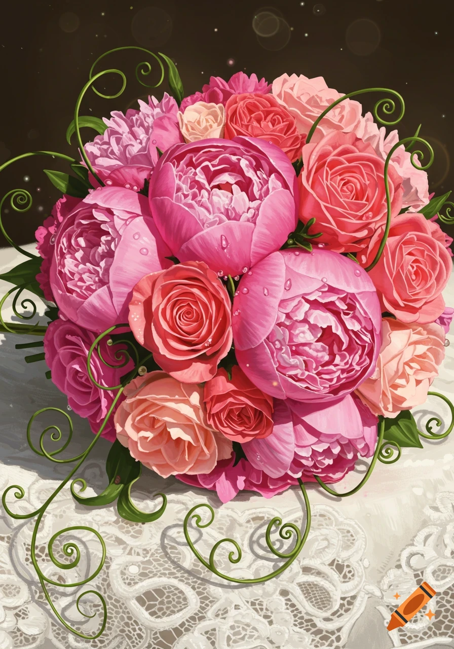 A vibrant bouquet of hot pink peonies and roses with green vines on a ...