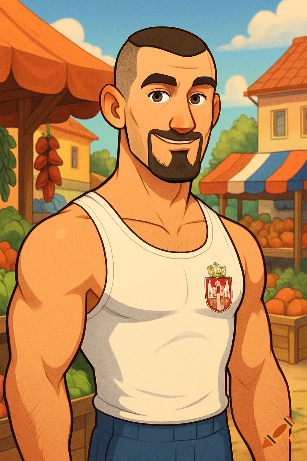 A muscular man in a comic style on a sunny beach, drinking beer from a ...