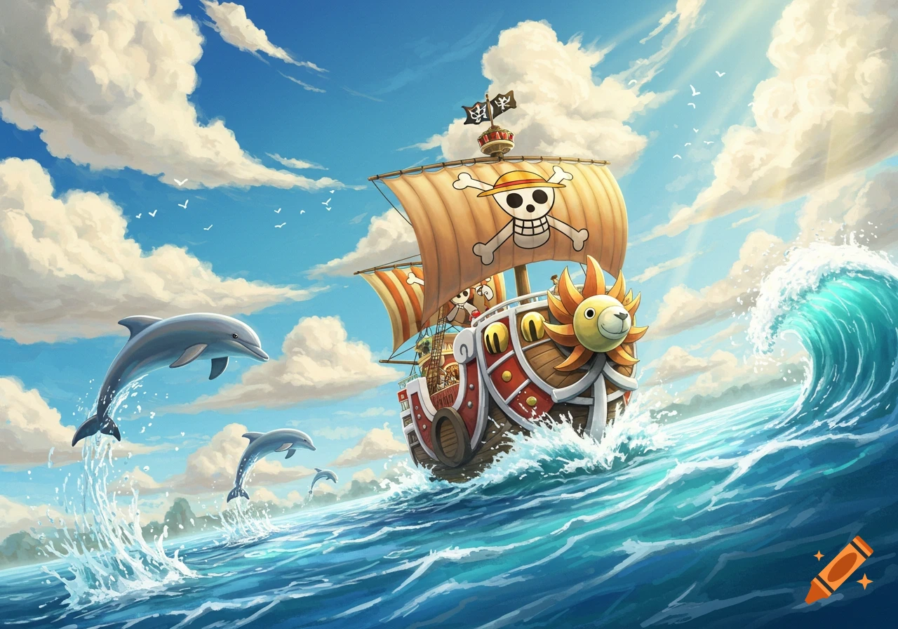 The Thousand Sunny pirate ship sails on a bright blue ocean with ...