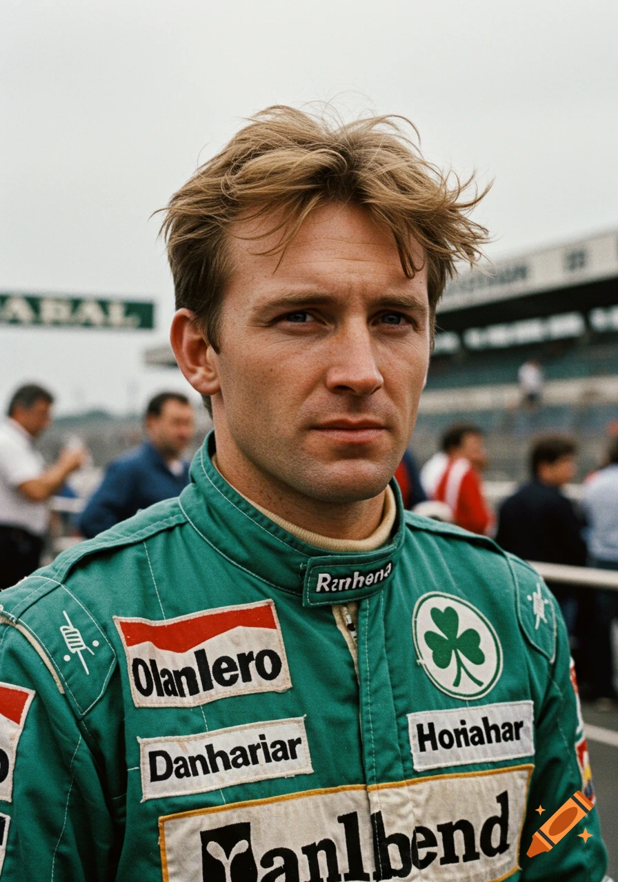 A realistic portrait of a male Formula One driver in a green racing ...