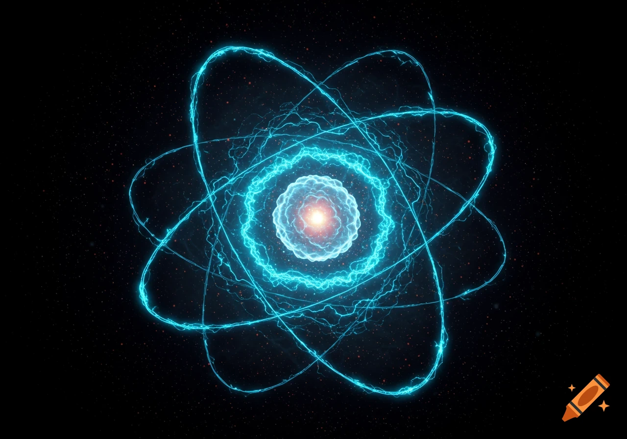 A glowing blue atomic symbol with three elliptical orbits surrounding a ...