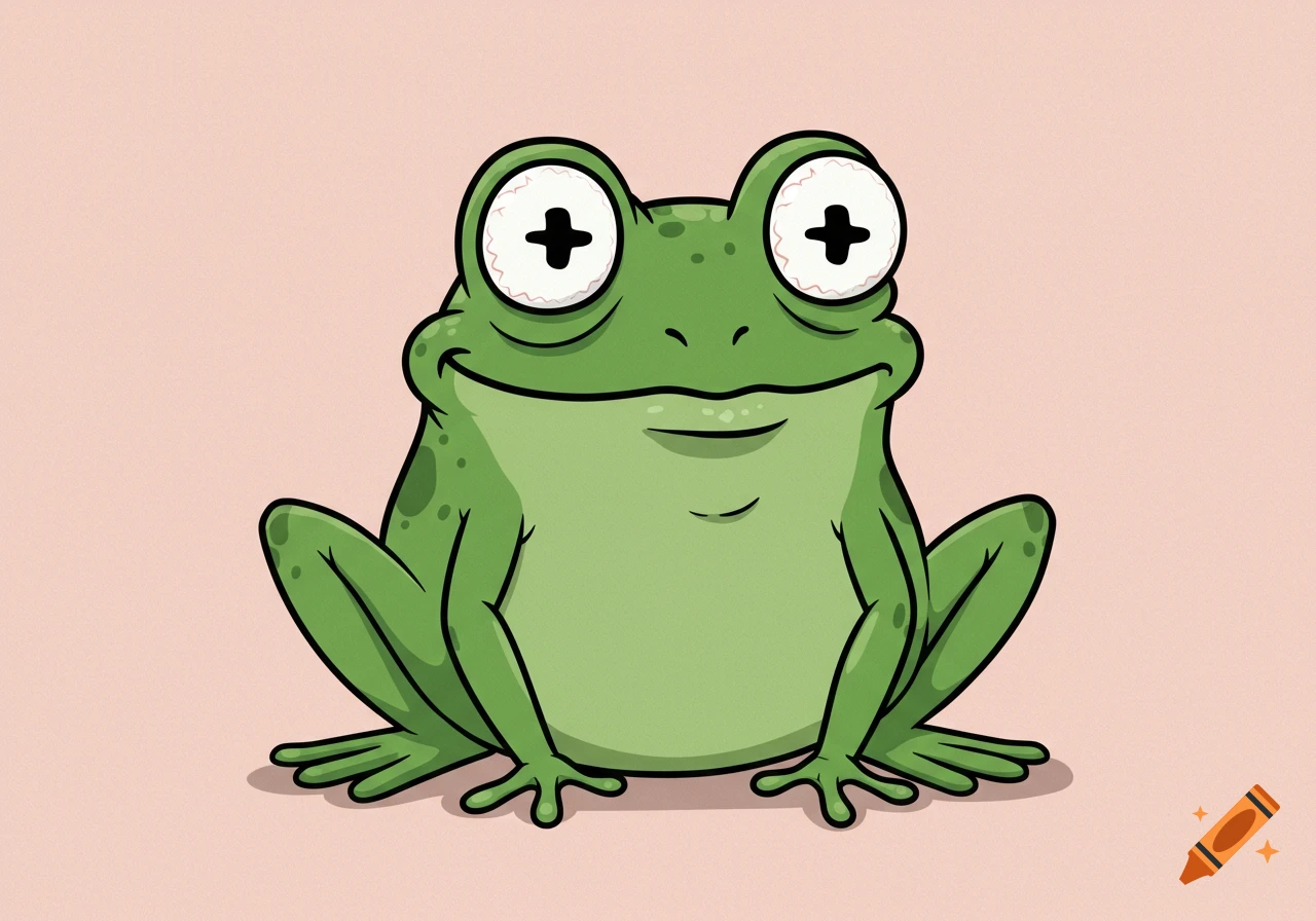 A cartoon frog with large white eyes and black cross-shaped pupils ...