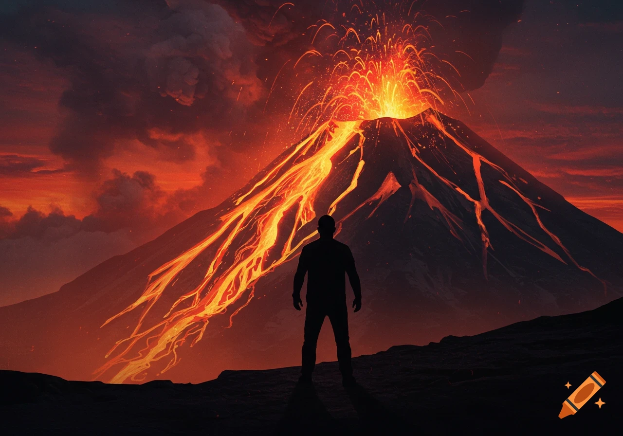 A skeleton sits on a toilet in a desolate, fiery landscape with a ...