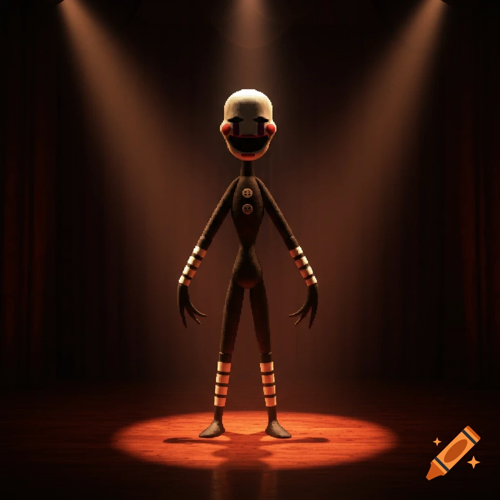 Pixel art of a creepy puppet with a white mask face, black body, and striped limbs, standing on ...