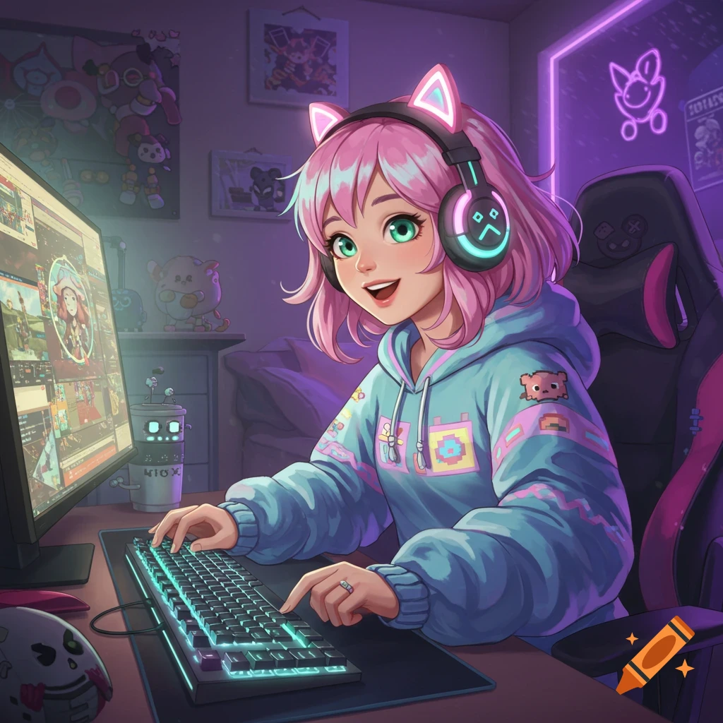 An animated gamer girl with pink hair and cat-ear headphones smiles ...