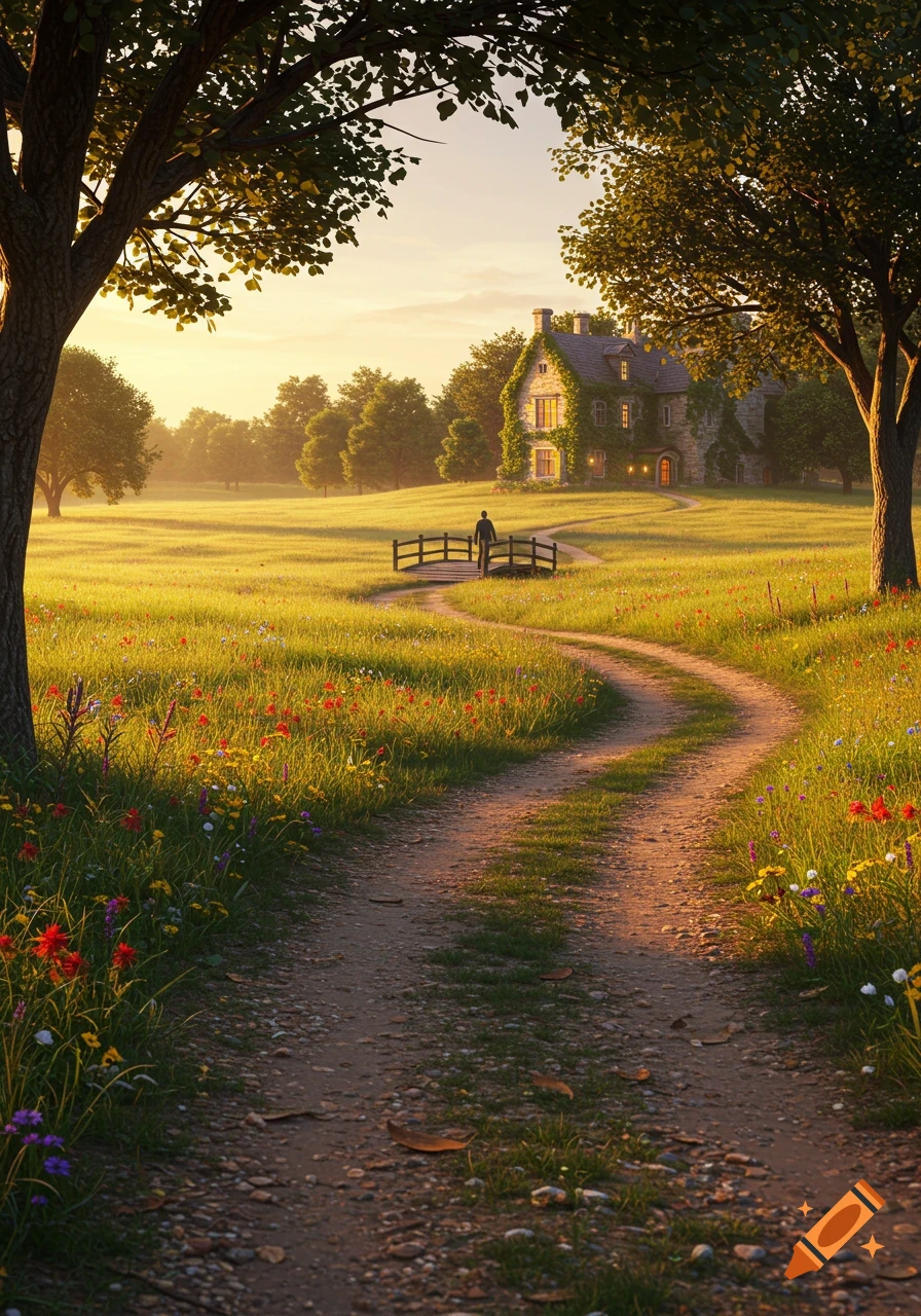A winding dirt path through a sunlit, wildflower-filled prairie leads ...