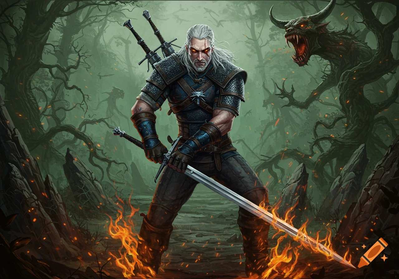 Geralt of Rivia, armored and holding a flaming sword, confronts a ...